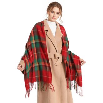 Miss Lulu Damen Schal Winter, weich warm kariert Oversized, Schottenkaro Wolle, lange gedrehte Fransen Stola, Deckenschal für Damen (Rot und Grün)