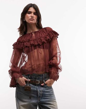 AllSaints Trixie Co-ord Langarm-Top mit R&uuml;schen und Spitze in Burgunderrot