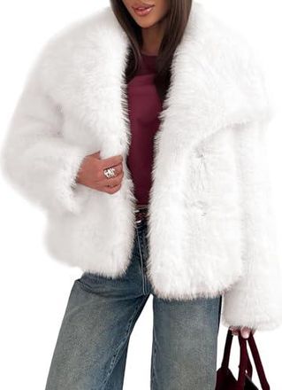 Generic Manteau en fausse fourrure pour femme veste en fausse fourrure moelleuse &agrave; manches longues revers vestes dhiver en fourrure shaggy parka manteau court