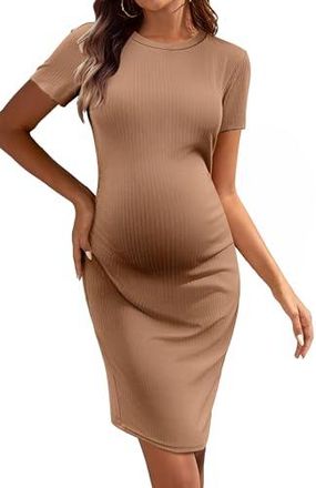 Ekouaer Robes de maternité pour Femmes Vêtements de maternité dété à Manches Courtes pour Baby Shower Brun XXL