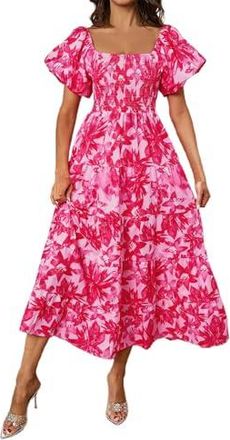 Generic Robe d&eacute;t&eacute; d&eacute;t&eacute; pour femme avec &eacute;paules d&eacute;nud&eacute;es et manches bouffantes pour femme - Style &eacute;l&eacute;gant avec manches bouffantes - Pour f&ecirc;te et loisirs, Rose,