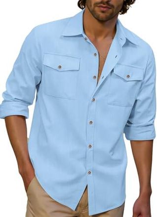 Generic Chemise de plage boutonn&eacute;e &agrave; manches longues en lin avec poches pour homme, bleu clair, XXL