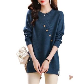 Generic Pull tricoté à manches longues et col rond pour femme - Couleur unie, bleu marine, 3XL