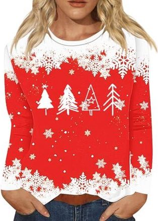 Generic T-shirt graphique à manches longues pour femme - Haut de Noël 2025 - Imprimé décontracté - Col rond - Manches longues, Chemises de Noël rouges pour fe