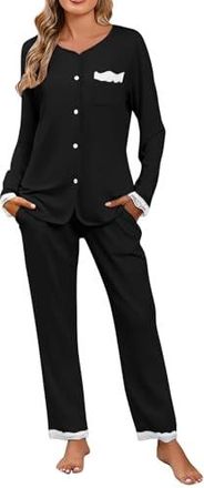 Generic Pyjama en coton pour femme, pantalon boutonné en coton avec poches, 2 pièces, col cranté et robe formelle grande taille, Noir, XL