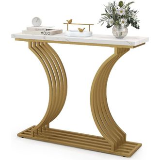 Costway Konsolentisch Gold, Eingangstisch marmor optick mit wei&szlig;er Tischplatte, schmaler Flurtisch Sofatisch mit Metallbeinen f&uuml;r Wohnzimmer, Eingang, Flur