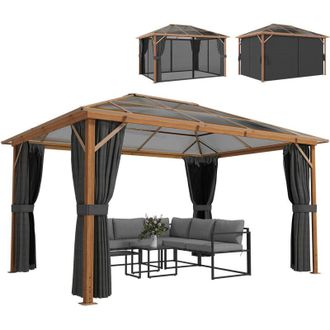 OUTSUNNY Tonnelle de jardin - pavillon ext&eacute;rieur - Outsunny - aspect bois toit rigide polycarbonate UV50+ - alu - 398x298x262cm - naturel