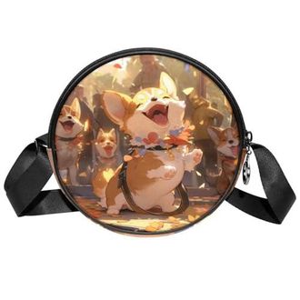 Generic Petit sac &agrave; bandouli&egrave;re Circle pour femme, petit sac &agrave; bandouli&egrave;re Corgi avec fermeture &eacute;clair, bretelles r&eacute;glables, sac &agrave; main rond d&eacute;contract&eacute; pour 