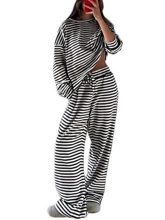 Generic Ensemble de pyjama 2 pi&egrave;ces &agrave; rayures pour femme, t-shirt &agrave; manches longues, cordon de serrage, pantalon &agrave; jambes larges, ensemble de pyjama, Noir, XX