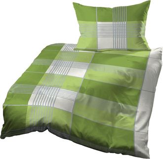 Gerald Wittmann Bettwäsche 140x200 cm + 70x90 cm, Baumwolle Waffel-Piqué, Gestreift Kariert Grün Grau