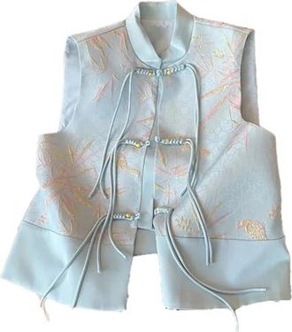 Generic Gilet sans manches pour femme avec col montant brodé et pompon style chinois décontracté, bleu, XXL
