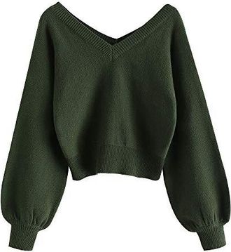 Zaful Pull à manches longues pour femme - Double col en V - Manches lanternes - Vert - Taille M, vert, M