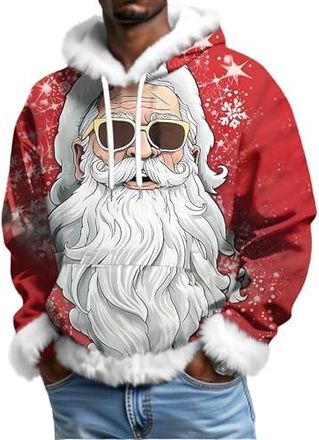 Generic Sweat à capuche de Noël pour homme avec motif de Noël imprimé Père Noël Sweat à capuche à manches longues avec empiècement en fausse fourrure et décon