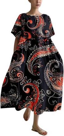 FNKDOR Robes Coton et Lin Vintage Imprimé Floral Bohème Robe de Plage Col Rond Robes Décontractée à Manches Courtes Grande Taille A-Line Robe Dété Casual Rob