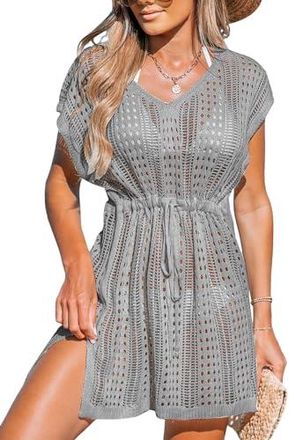 Cupshe Mini robe en crochet à manches courtes avec cordon de serrage pour femme 2024, gris, Taille L
