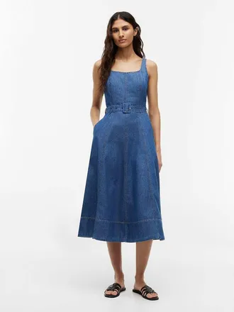 Tommy Hilfiger Robe en jean mi-longue coupe ajust&eacute;e puis &eacute;vas&eacute;e avec ceinture - Bleu fonc&eacute;