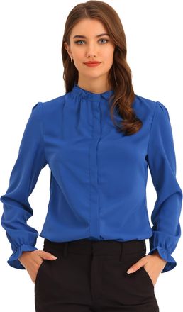 Allegra K Damen Stehkragen Bluse Langarm Chiffon Oberteil K&ouml;nigsblau XL