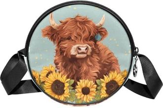 Generic Sac &agrave; bandouli&egrave;re rond pour femme, motif vache et tournesol avec fermeture &eacute;clair et bretelles r&eacute;glables