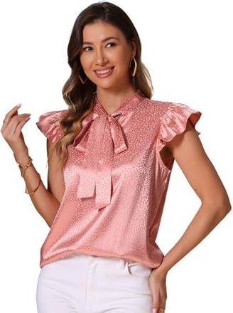 Allegra K Chemisier en Satin Femme Haut Décontracté à Pois avec Manches Courtes à Volants Chemise avec Col à Nouer Rose S
