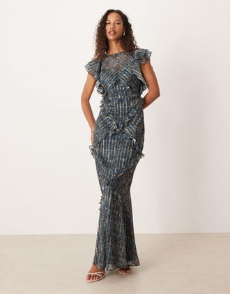 Asos Maxikleid in Blau mit R&uuml;schendetail und Bl&uuml;mchenmuster-Bunt