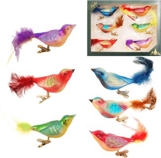 Krebs Glas Lauscha Weihnachtsdekoration/Christbaumschmuck aus Glas - Fantasievogelsortiment auf Clip - Menge: 6 Stück - Farbe: Multicolor - Größe: ca. 11 cm