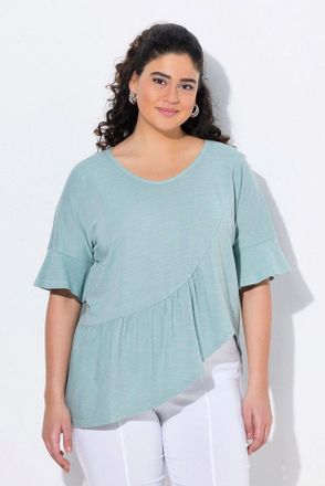 Ulla Popken T-Shirt T-Shirt Volantsaum Oversized V-Ausschnitt Halbarm