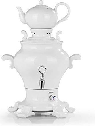 Beem ODETTE BLANC Samowar - 5 l | Porzellan | 1800 W | 1 L Teekanne mit Sieb Edelstahl | 5 L Hei&szlig;wasserspender | T&uuml;rkischer Teekocher | wei&szlig; | Zapfhahn