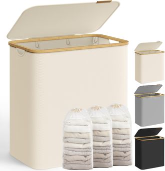 Songmics W&auml;schekorb mit Deckel, W&auml;schesammler mit 3 F&auml;chern, 150 L, herausnehmbarer W&auml;schesack, Oxford-Gewebe, Griffe aus Bambus, zusammenklappbar, 60 x 38,5 x