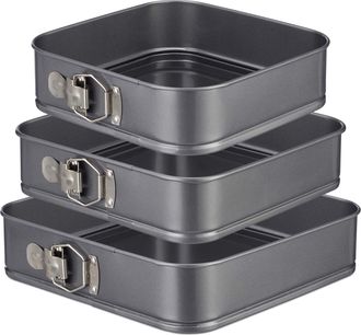 Relaxdays Springform quadratisch 3er Set, antihaftbeschichtet, eckige Kuchenform, Carbonstahl, 24, 26 & 28 cm, anthrazit