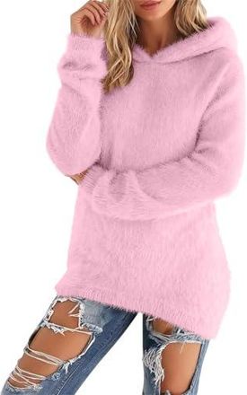 Generic Pull long à capuche pour femme - Pull en polaire de couleur pure - Pull décontracté à manches longues avec poches - Pull à capuche doux et confortable