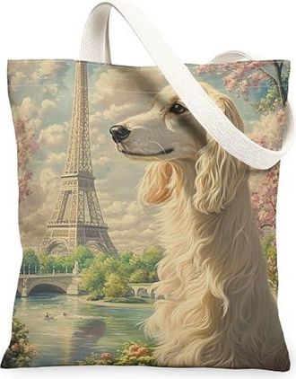 Generic Sac fourre-tout en toile motif l&eacute;vrier afghan printanier, 33 x 38,1 cm, tour romantique, sac d&eacute;picerie r&eacute;utilisable pour femme, peinture danimaux dome