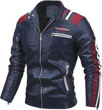 Generic Veste en cuir pour homme avec col montant - Veste de moto r&eacute;tro classique en cuir synth&eacute;tique - Couleur contrast&eacute;e - Veste de motard avec poches &agrave; fer