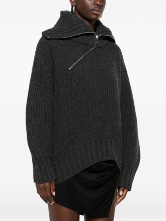 The Attico Asymmetric Zip Ribbed Sweater - Charcoal