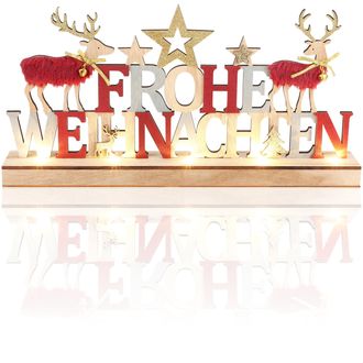 Com-Four LED Deko Aufsteller aus Holz - beleuchteter Schriftzug auf Holzsockel - Deko-Schriftzug zum Hinstellen für Weihnachten - Stimmungslicht mit Timer (Hir