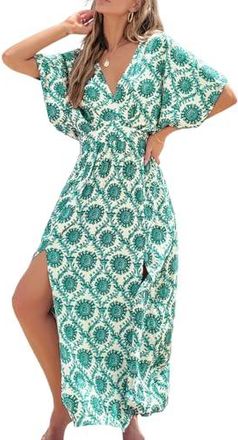 Cupshe Robe dété longue bohème pour femme - Manches longues - Taille empirée - Fente sur le côté - Robe dété pour vacances et plage, vert, Taille XL