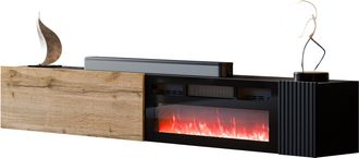 Mirjan24 TV Schrank Cholon EF mit Elektrischem Kamin mit Heizung, Realistische LED-Flamme, 2 Klappe, Fernsehschrank, TV-Lowboard, Fernsehtisch (Schwarz + Wotan