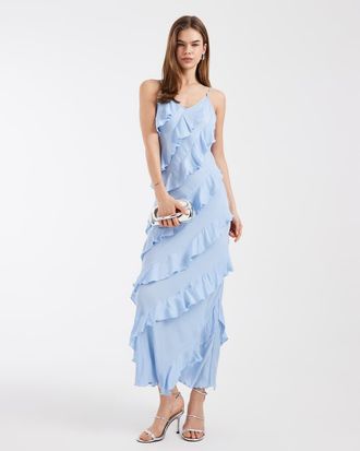 Vero Moda Maxi-Tr&auml;gerkleid in Hellblau mit asymmetrischem Schnitt und R&uuml;schen