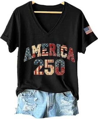 Generic T-shirt &agrave; motif patchwork 250e anniversaire pour femme T-shirt Am&eacute;rique 250 T-shirt patriotique drapeau am&eacute;ricain chemise pour femme, Noir, XXL