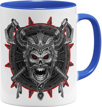 OM3 Wikinger Skull Totenkopf Kaffee-Tasse mit Krieger-Motiv - Walhalla - Keramik Becher - 325ml - Beidseitig Bedruckt - Blau