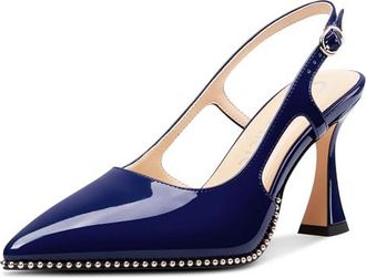 Castamere Femmes Slingback Bloc Chunky Haut High Talon Heel Ferm&eacute; Pointu Bout Escarpins Dress Mariage Party Chaussures 9 CM Heels Bleu Marine 40 EU