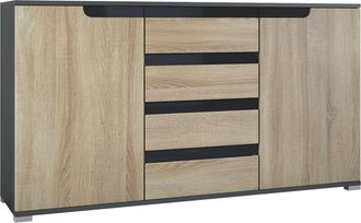 Vladon Sideboard Sylt V1, Kommode mit 2 Türen und 4 Schubladen, Korpus - Anthrazit matt/Front - Eiche sägerau/Absetzung - Schwarz Hochglanz (138,5 x 75,5 x 3