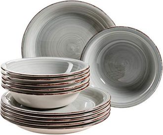 Mäser Teller-Set für 6 Personen im modernen Vintage Look, 12-teiliges Tafelservice, handbemalt, Blau, Steingut, Rauchblau (Bel Tempo II)