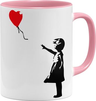 OM3 Banksy Kaffee-Tasse mit Balloon Girl - Street Art Graffiti Stencil - Keramik Becher - 325ml - Beidseitig Bedruckt - Rosa