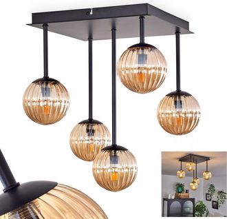 HOFSTEIN Deckenleuchte Chehalis, Deckenlampe aus Metall/Riffelglas in Schwarz/Bernsteinfarben, Leuchte im modernen Retro/Vintage-Design mit Schirmen aus Glas (