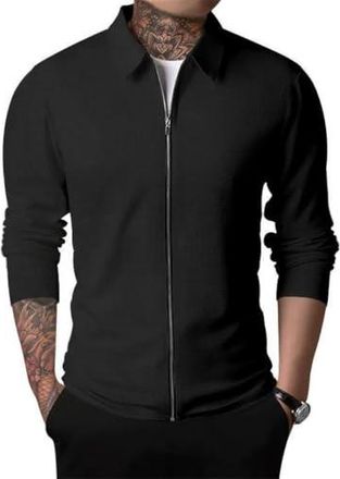 ORANDESIGNE Cardigan Gaufr&eacute; Gilet Homme Zipp&eacute; Slim Fit Veste de Transition Veste &agrave; Revers D&eacute;contract&eacute;e Veste Fine Veste d&eacute;t&eacute; A Noir L
