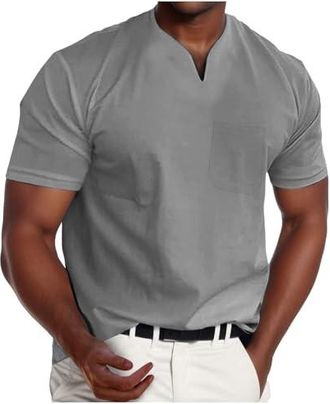 Generic T-shirt pour homme avec col en V, coupe ajust&eacute;e, manches courtes, t-shirt d&eacute;contract&eacute; avec poche, gris, 5XL