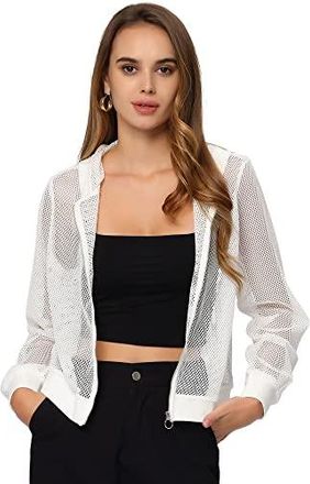 Allegra K Veste à Capuche Pour Femme Avec Fermeture éclair à Manches Longues en Maille Transparente Blanc L
