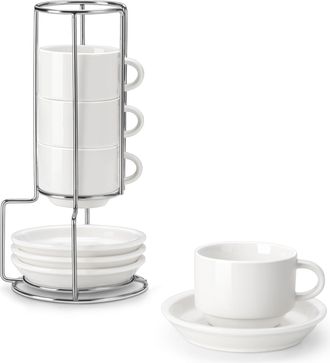 Malacasa Espressotassen 4er Set, 75 ml Espresso Tassen Dickwandig mit Untertassen & St&auml;nder, Stapelbar Italienische Espressobecher aus Wei&szlig;em Porzellan, Sp&uuml;lma