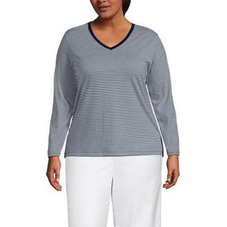 Lands End Supima Langarm-Shirt mit V-Ausschnitt, Damen, Gr&ouml;&szlig;e:48-50 plus, Blau, Baumwolle, by Lands End