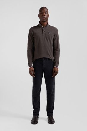 Eden Park Polo Manches Longues En Piqu&eacute; Coton Marron D&eacute;tails Tricolores Coupe Regular